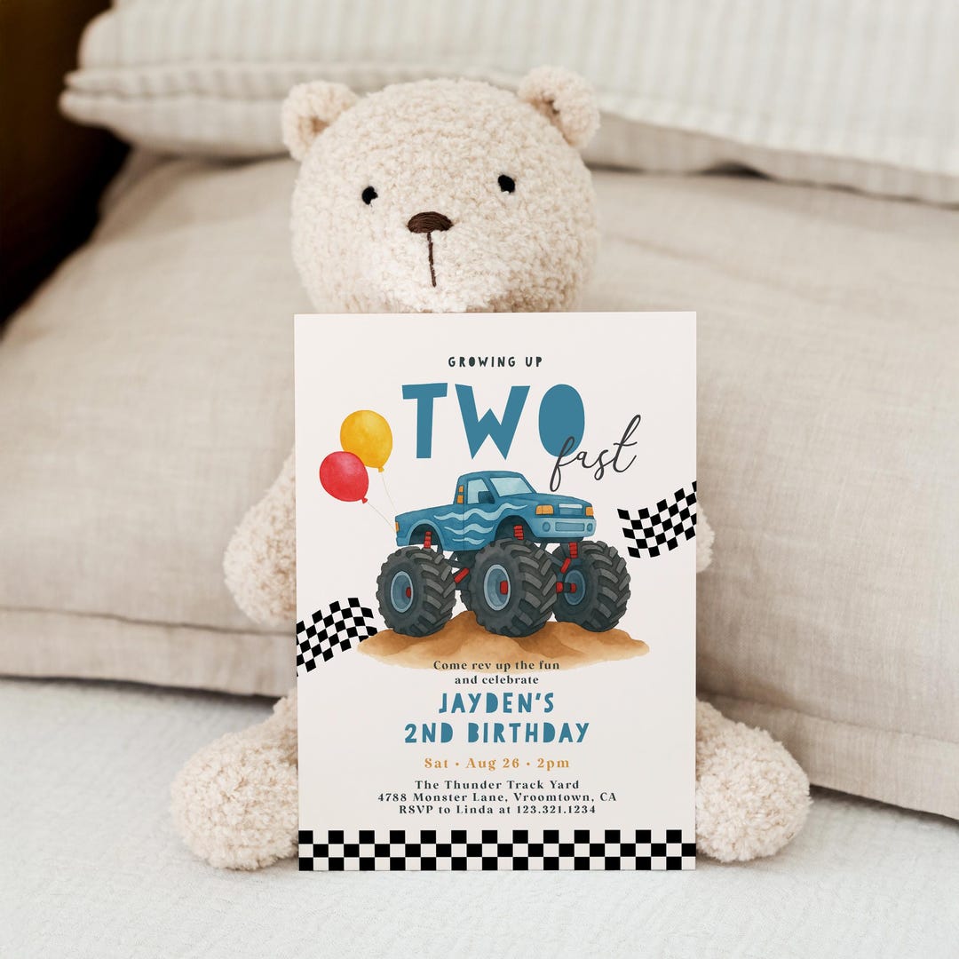 Two Fast Monster Truck Birthday Invitation - Boy 2nd Birthday Crash ...