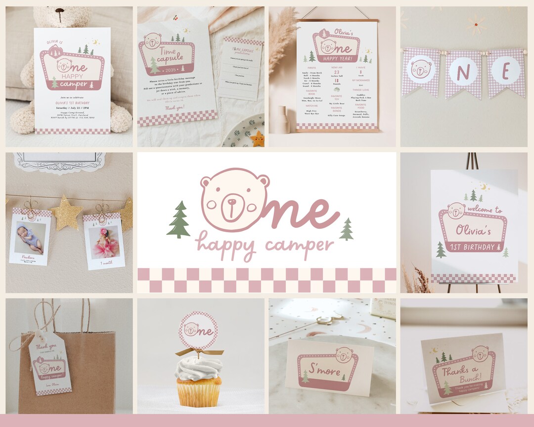 Girl One Happy Camper Birthday Bundle Template - National Park Theme ...
