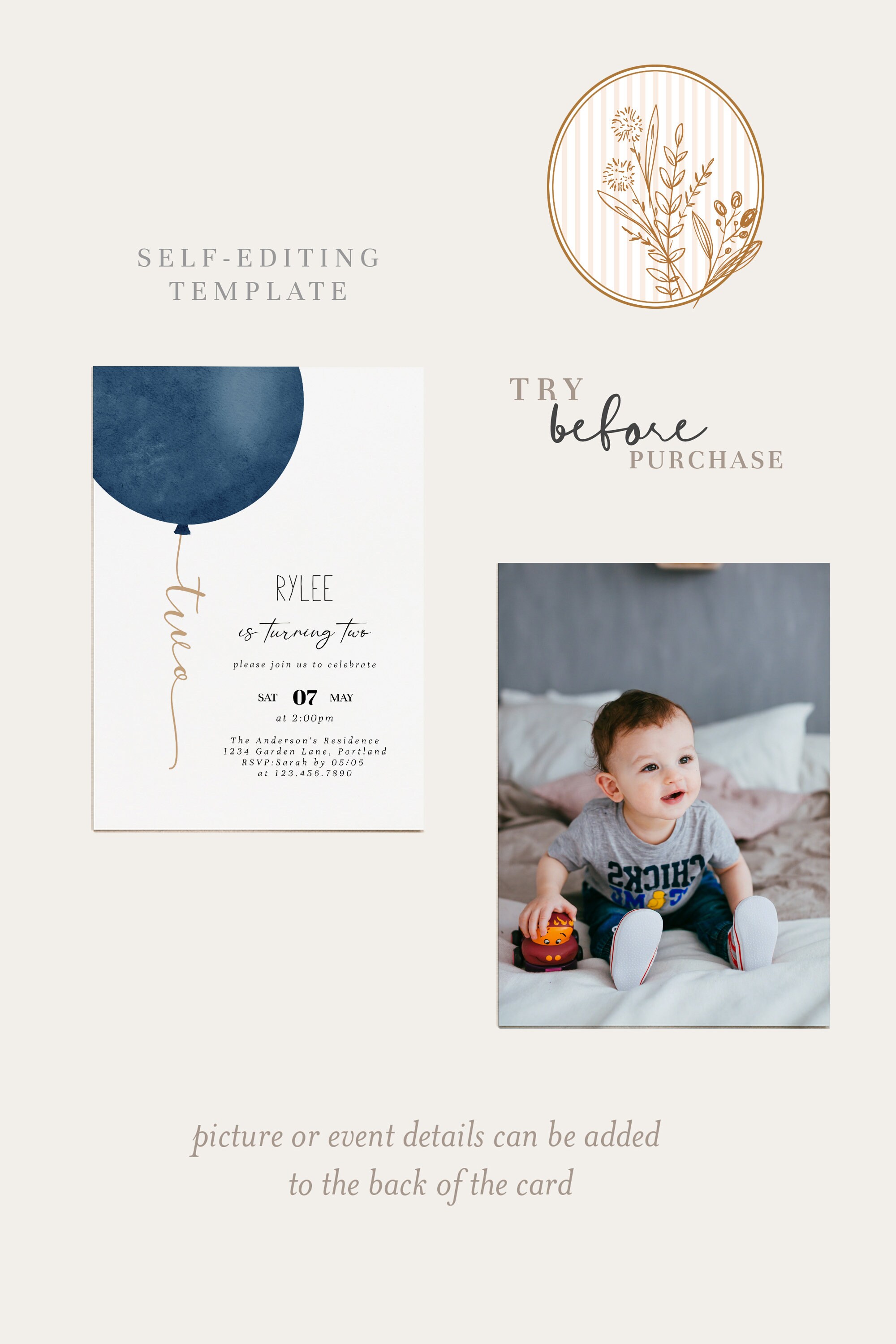 Baby Boy 2nd Birthday Invitation Navy Blue and Gold | Etsy