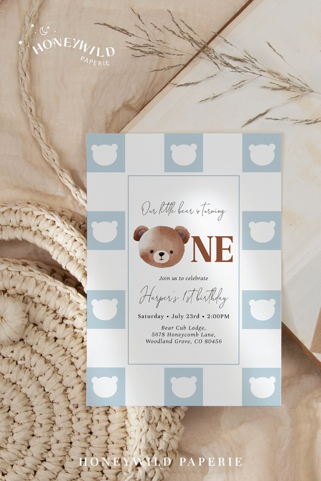 Editable Bear First Birthday Invitation Woodland Bear Boy 1st Birthday ...
