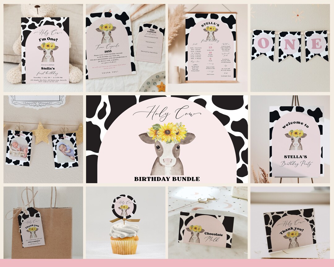 Holy Cow 1st Birthday Bundle Templates | Editable Invitations ...