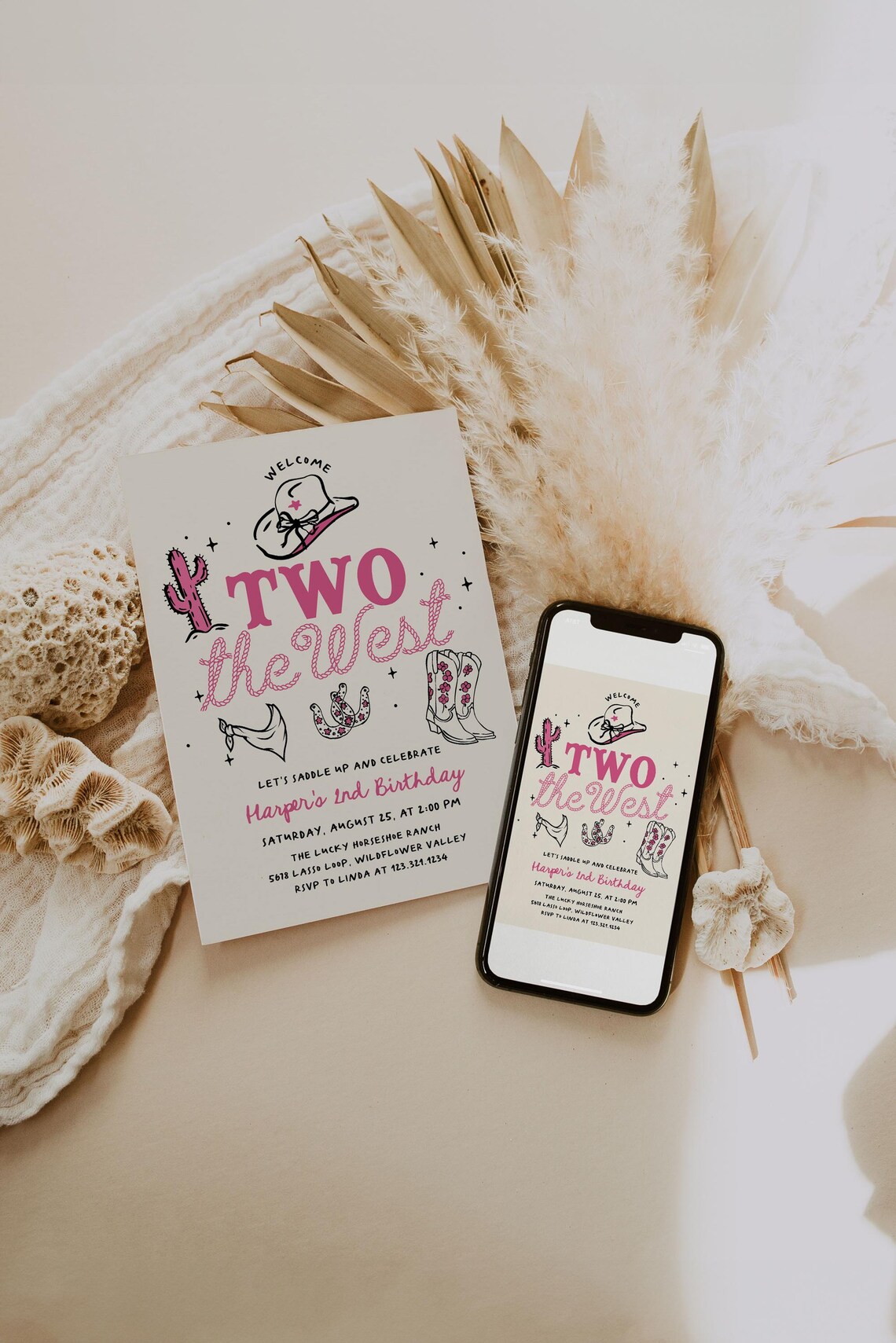 Welcome Two the West Cowgirl 2nd Birthday Invitation - Hand Drawn Hot ...