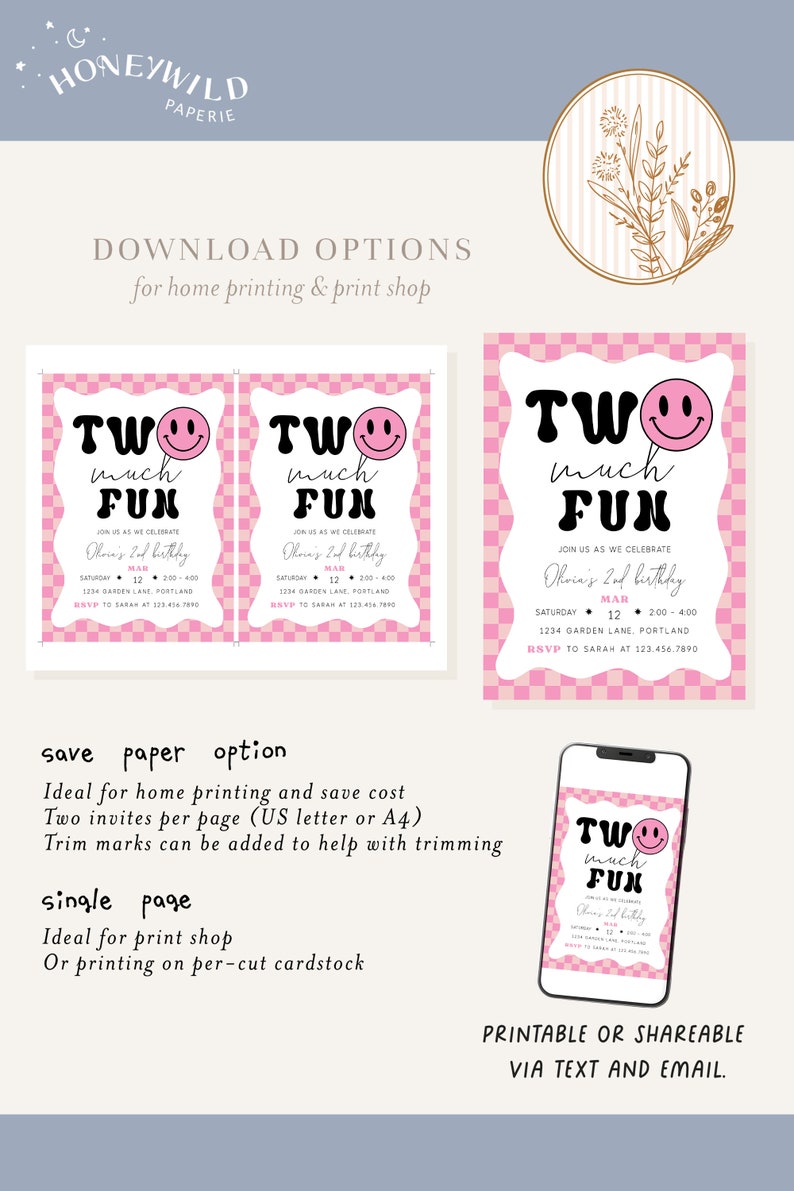 Two Much Fun Pink Smiley Face 2nd Birthday Invitation, Girl 2nd ...