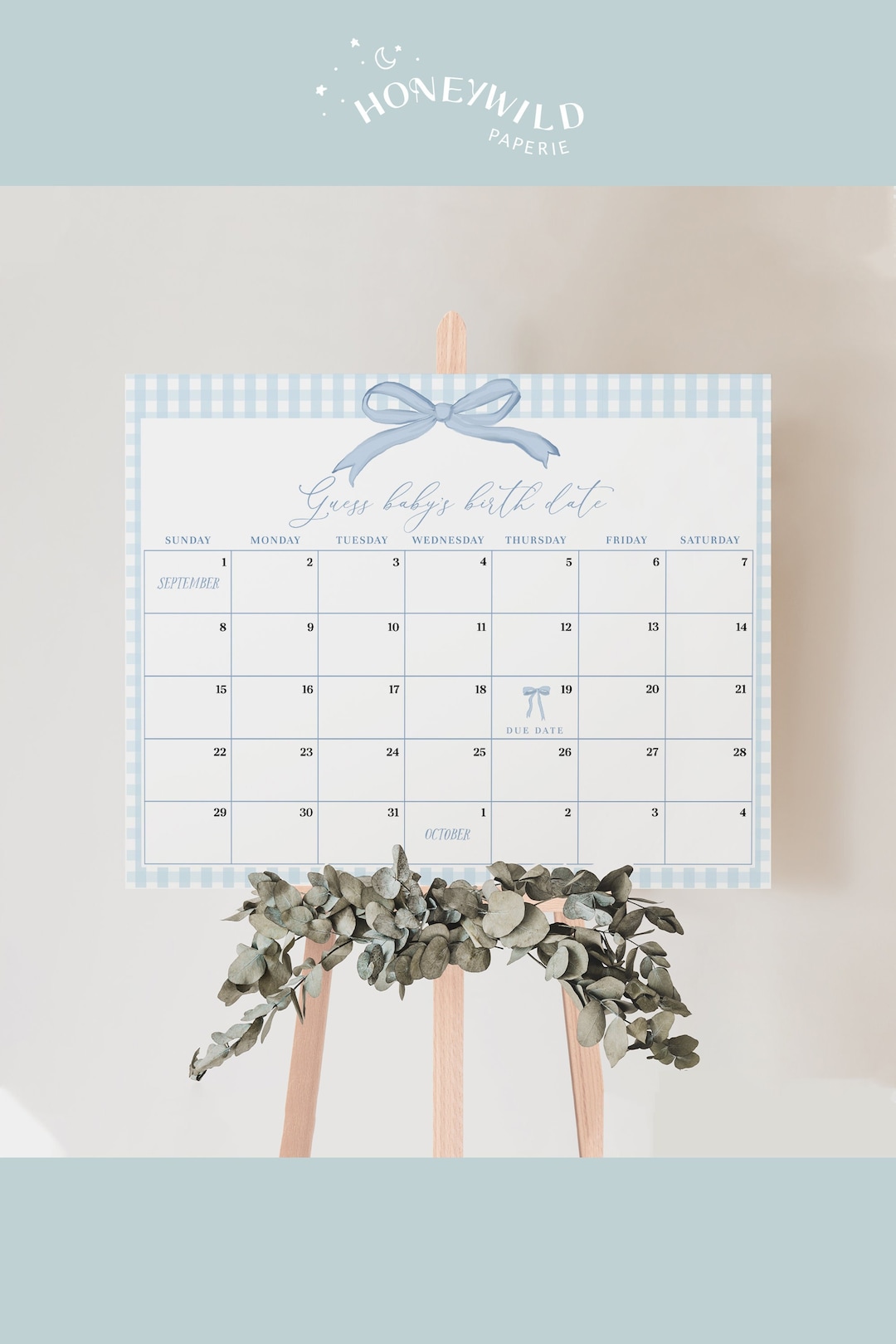 Blue Gingham Baby Shower Guess Baby Due Date, Blue Bow Baby Shower ...