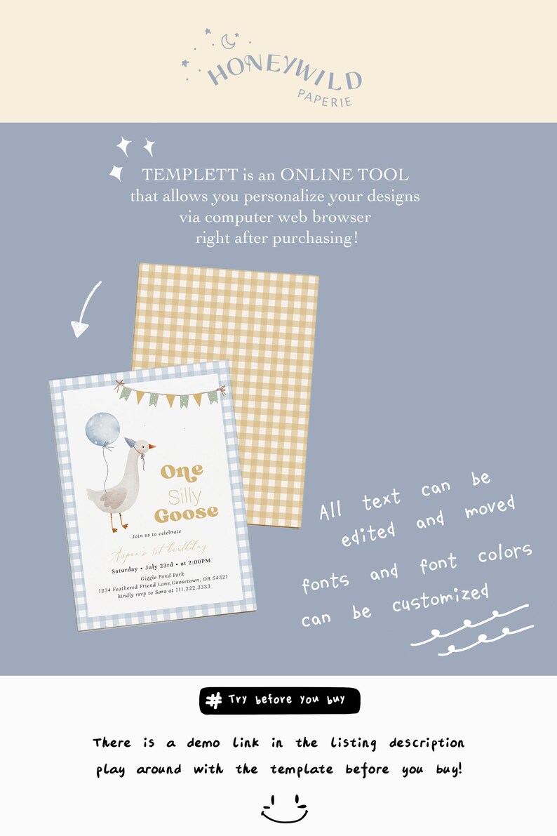 Boy One Silly Goose Birthday Invitation | Editable Blue Gingham One ...
