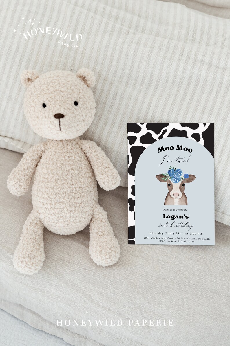 Moo Moo I'm Two Birthday Invitation Template | Editable Farm Boy 2nd ...