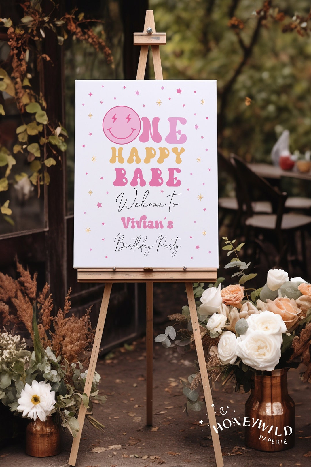 One Happy Babe Welcome Sign, Modern Smiley Face 1st Birthday Welcome ...