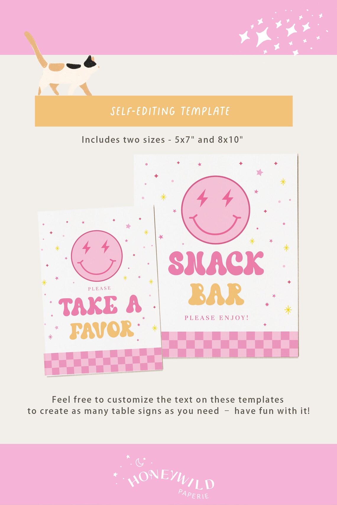 Fully Editable Preppy Pink Smile Face Birthday Table Decor Signs, One ...