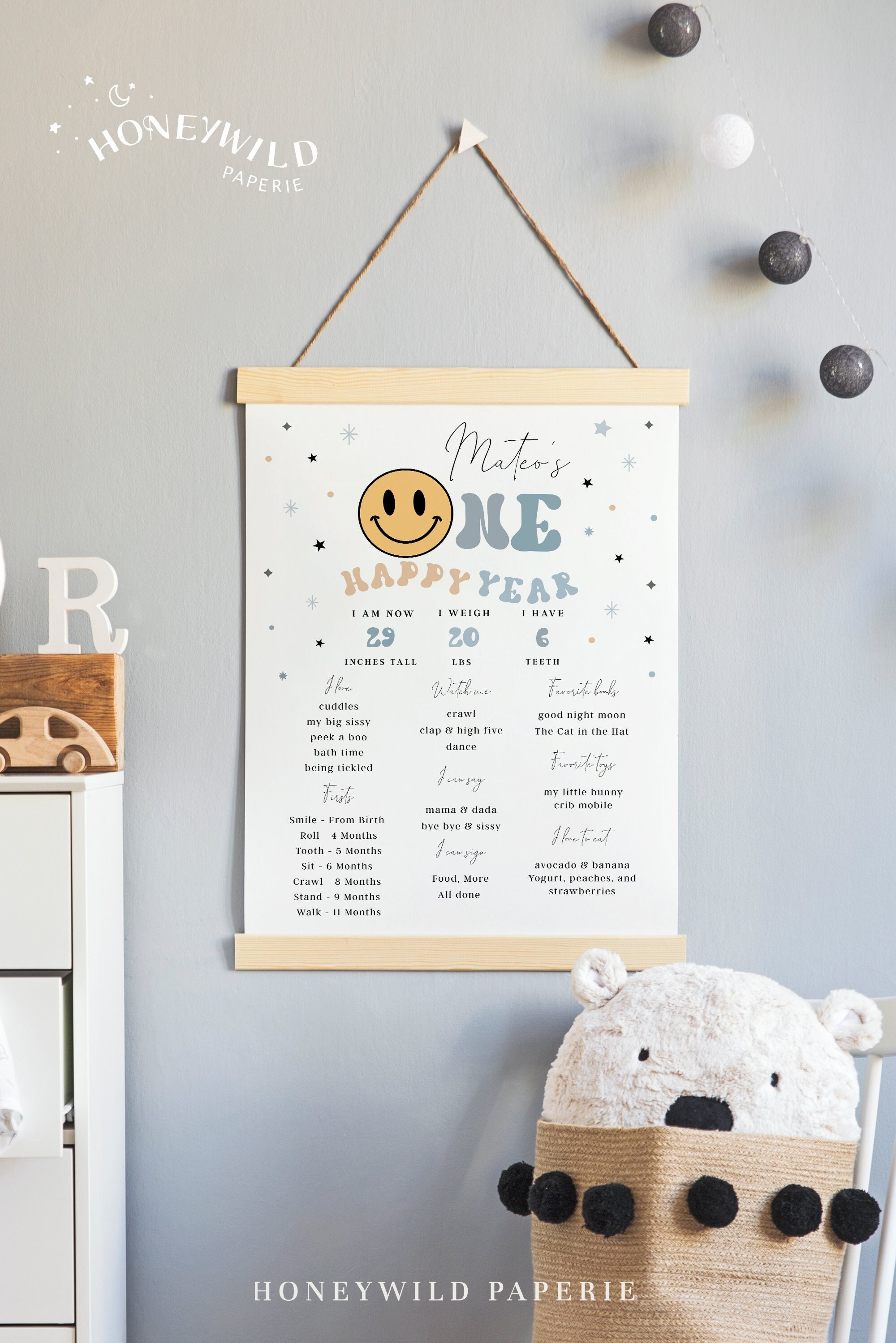 Modern Smiley Face 1st Birthday Milestone Board, One Year of Smiles ...