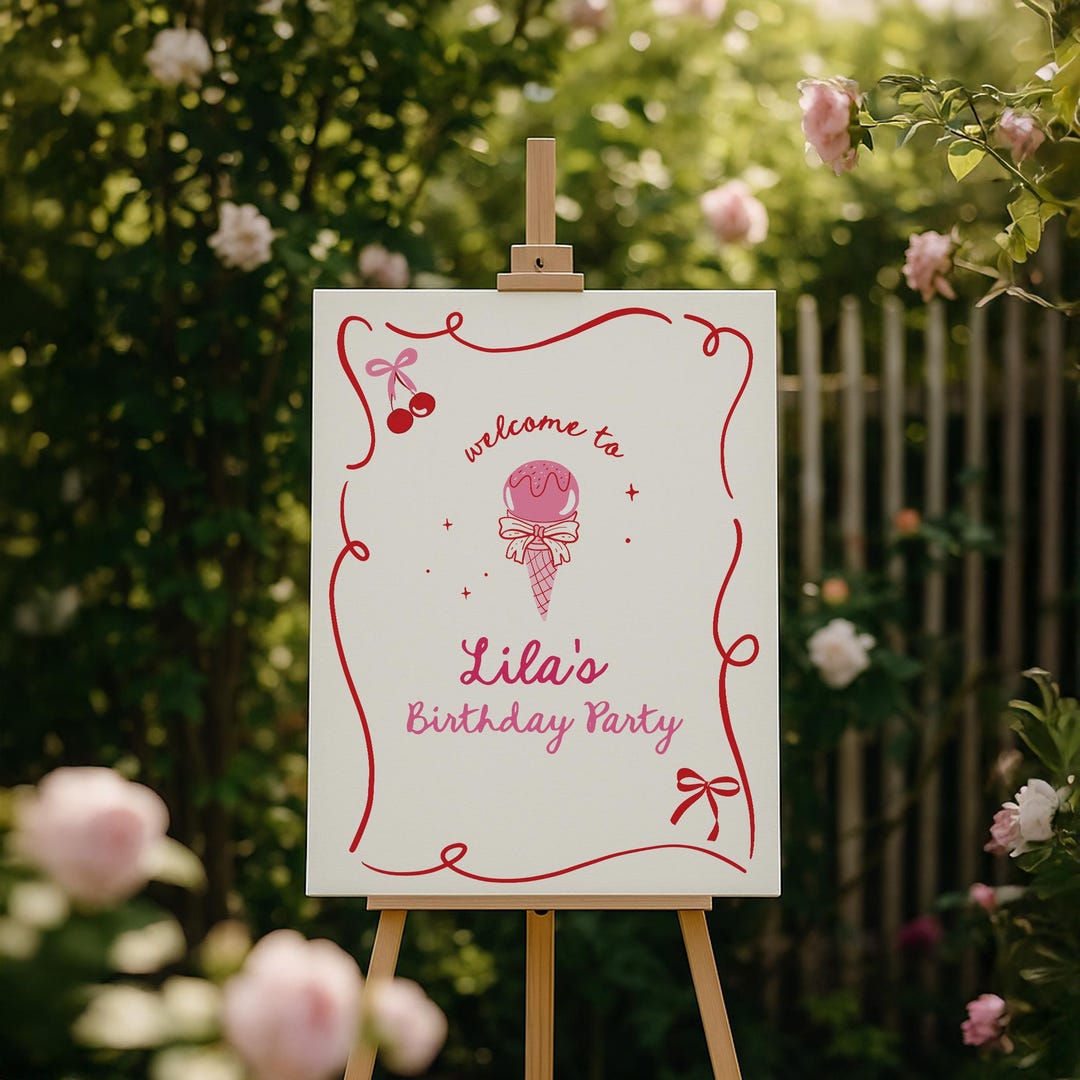 Coquette Ice Cream Birthday Welcome Sign - Editable Pink Girl Party ...