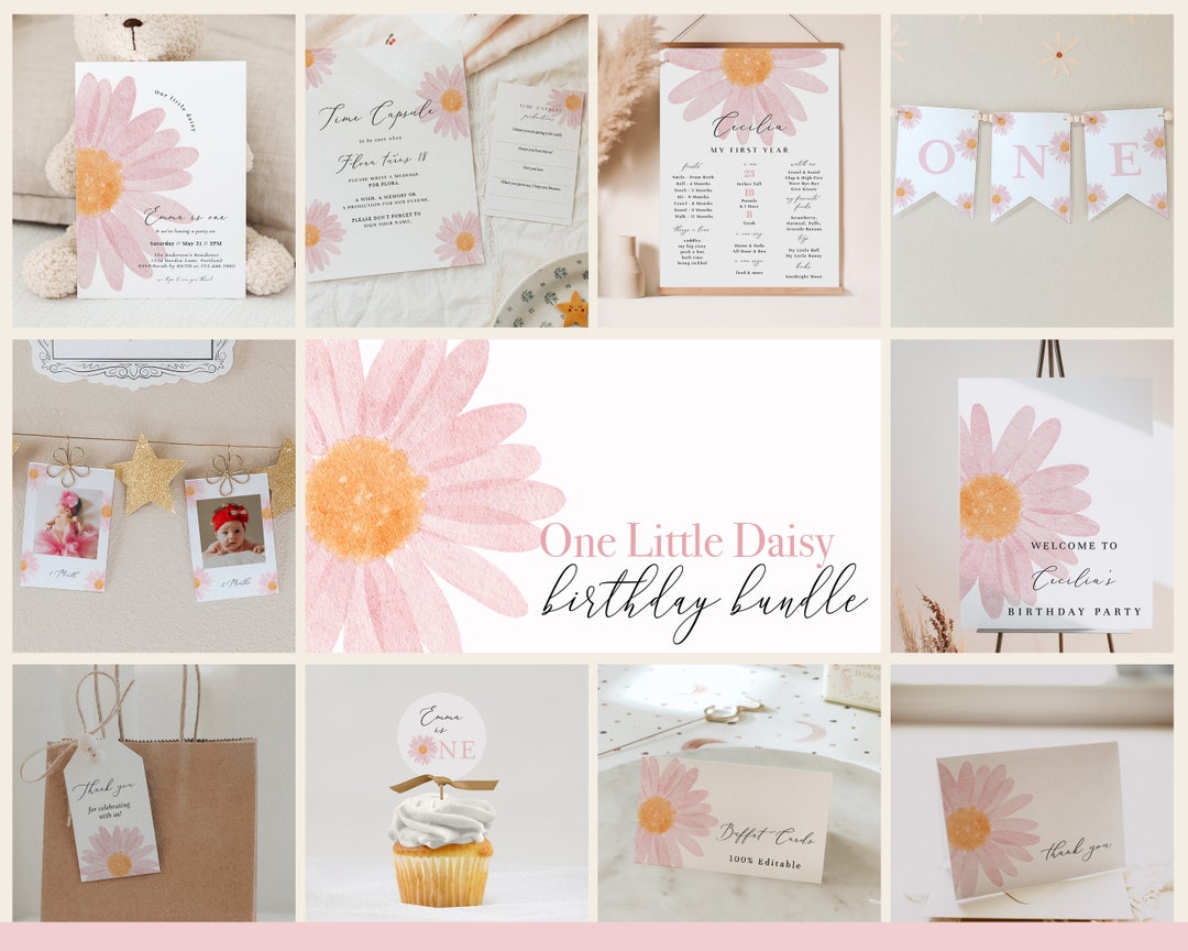 Little Pink Daisy 1st Birthday Party Bundle With Customizable ...