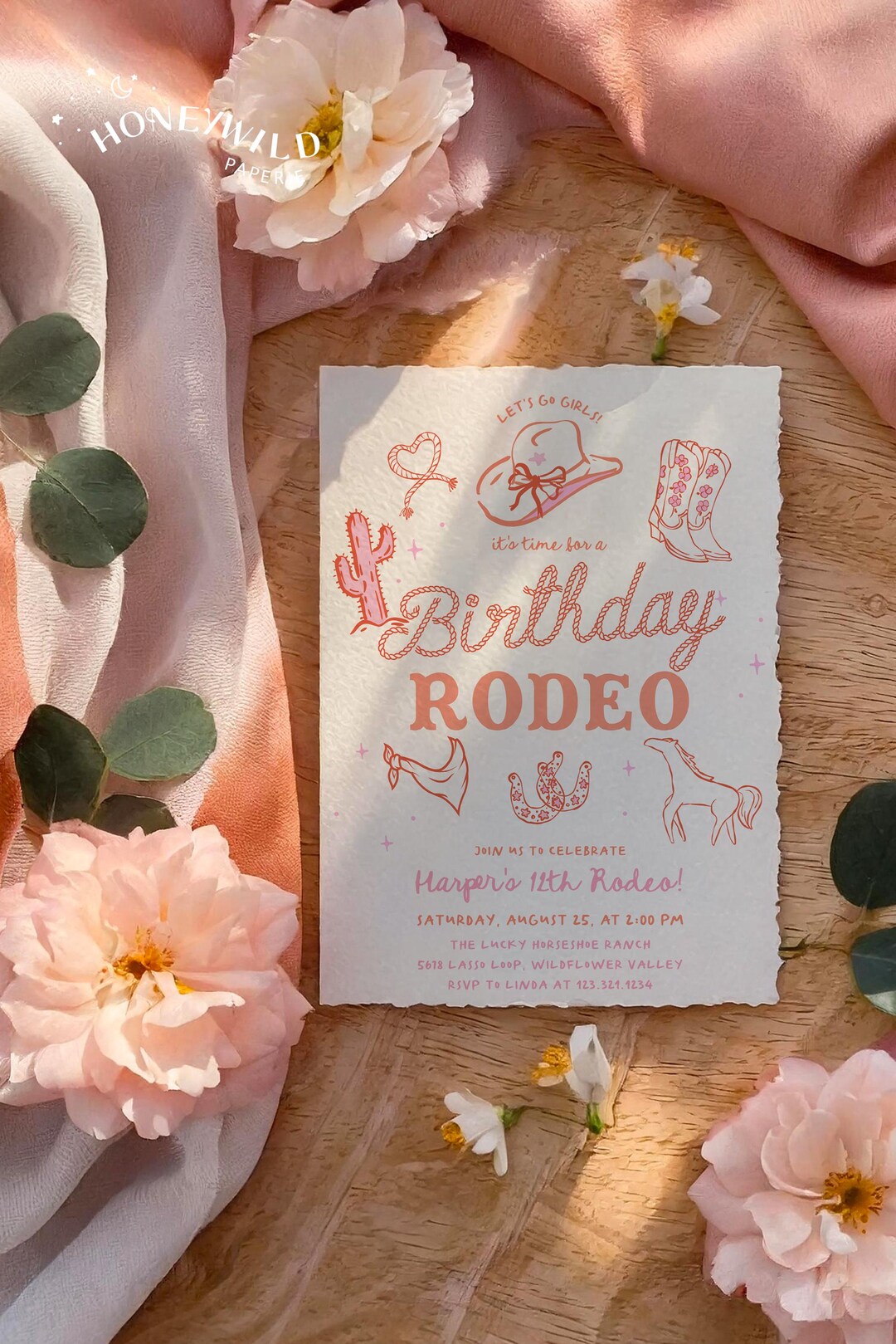 Let's Go Girls Birthday Invitation - Hand Drawn Pink Cowgirl Western ...