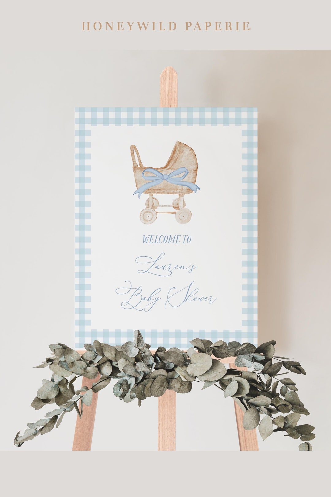 Gingham Boy Baby Shower Welcome Sign Template | Editable Blue Gingham ...