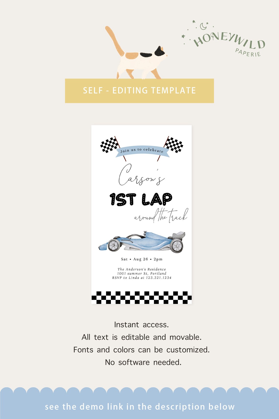 First Lap Birthday Text Invitation | Editable Blue Race Car 1st ...