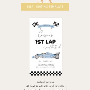 First Lap Birthday Text Invitation | Editable Blue Race Car 1st ...