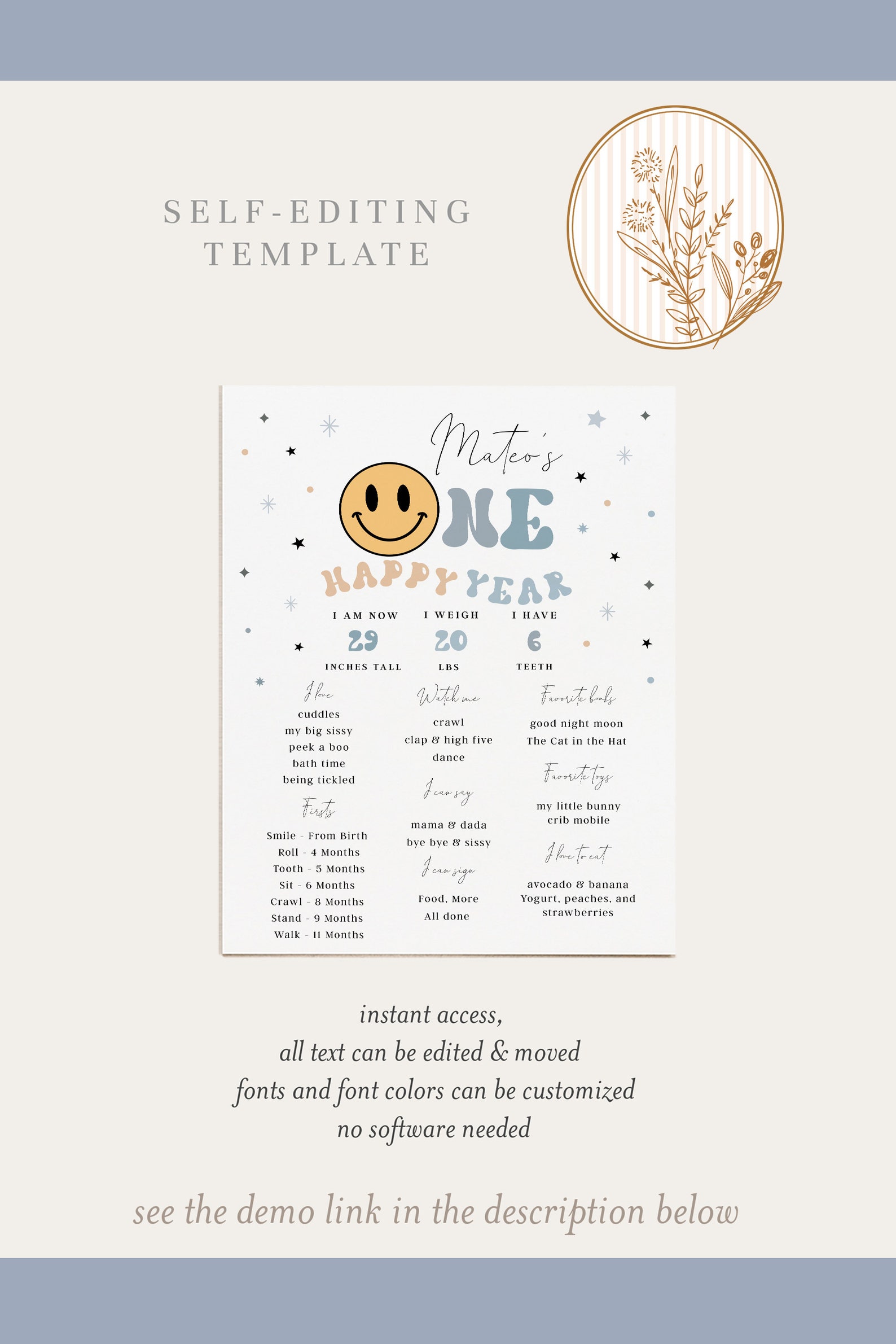 Modern Smiley Face 1st Birthday Milestone Board, One Year of Smiles ...
