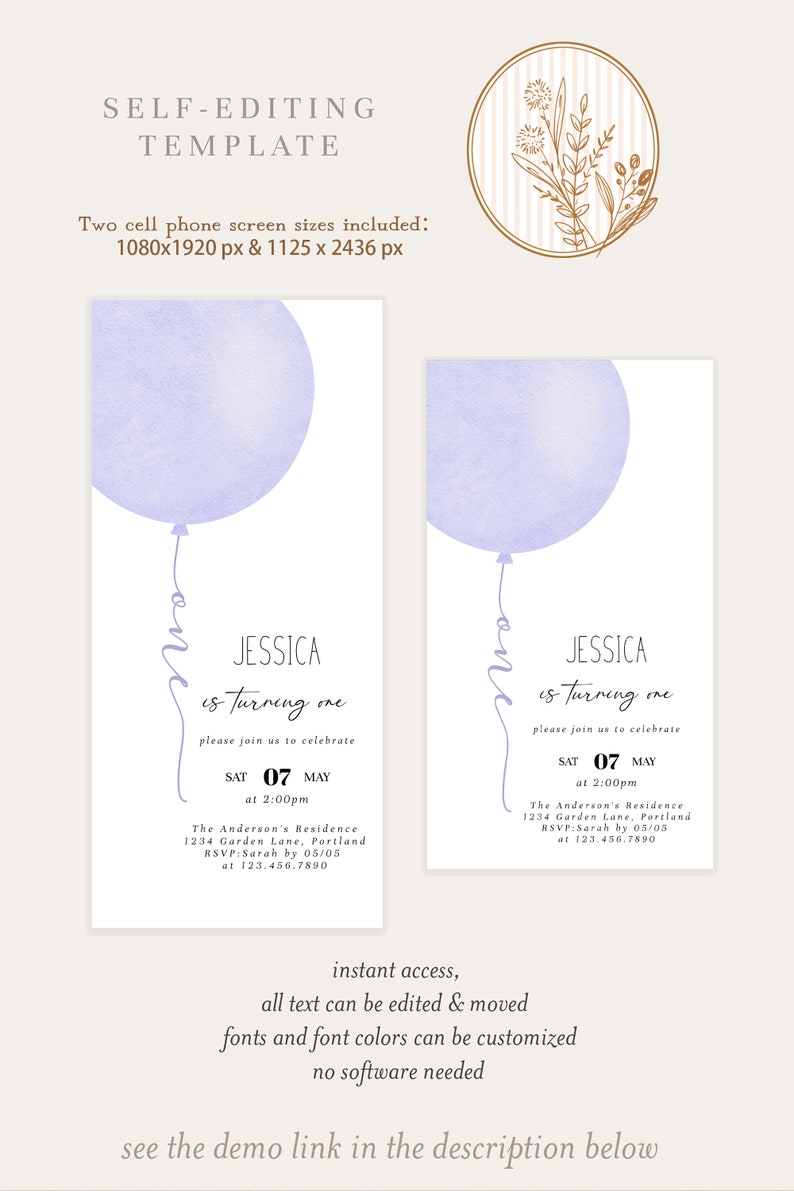 Girl 1st Birthday Text Invitation Purple Balloon Baby's - Etsy