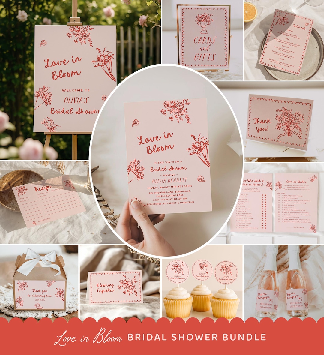 Love in Bloom Bridal Shower Bundle – Pink & Red Floral Romantic Theme ...