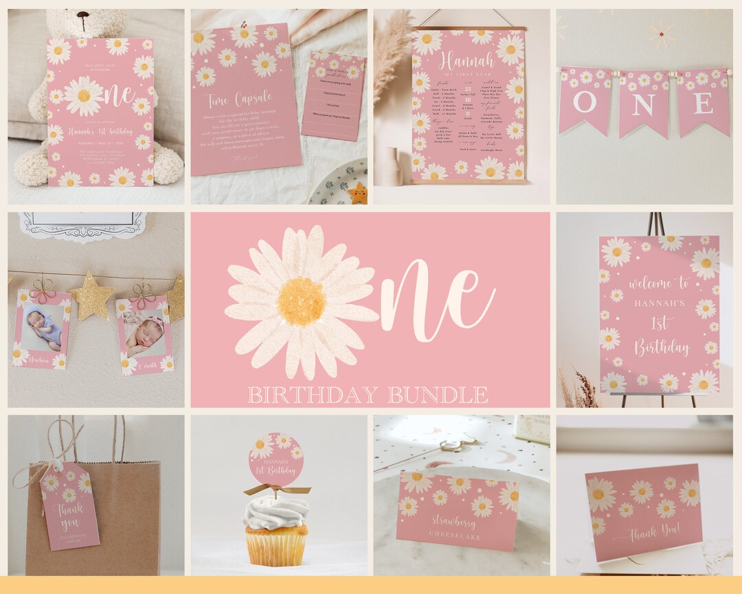 Pink Daisies 1st Birthday Party Bundle With Customizable Invitations ...