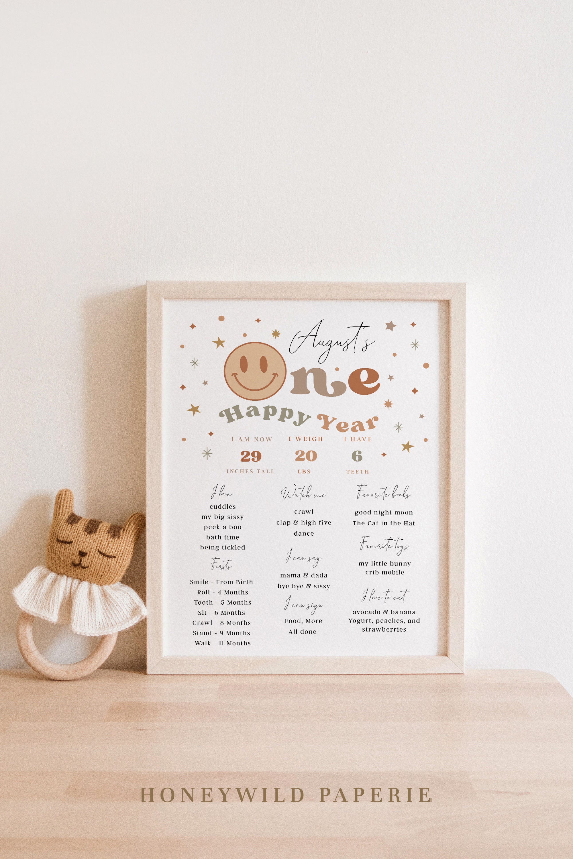 Boho Modern Smiley Face 1st Birthday Milestone Board, One Happy Year ...