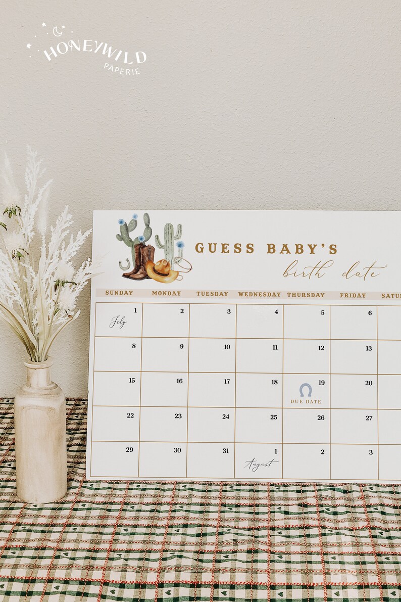 Editable Cowboy Baby Shower Game – Guess the Due Date Calendar – Rustic ...