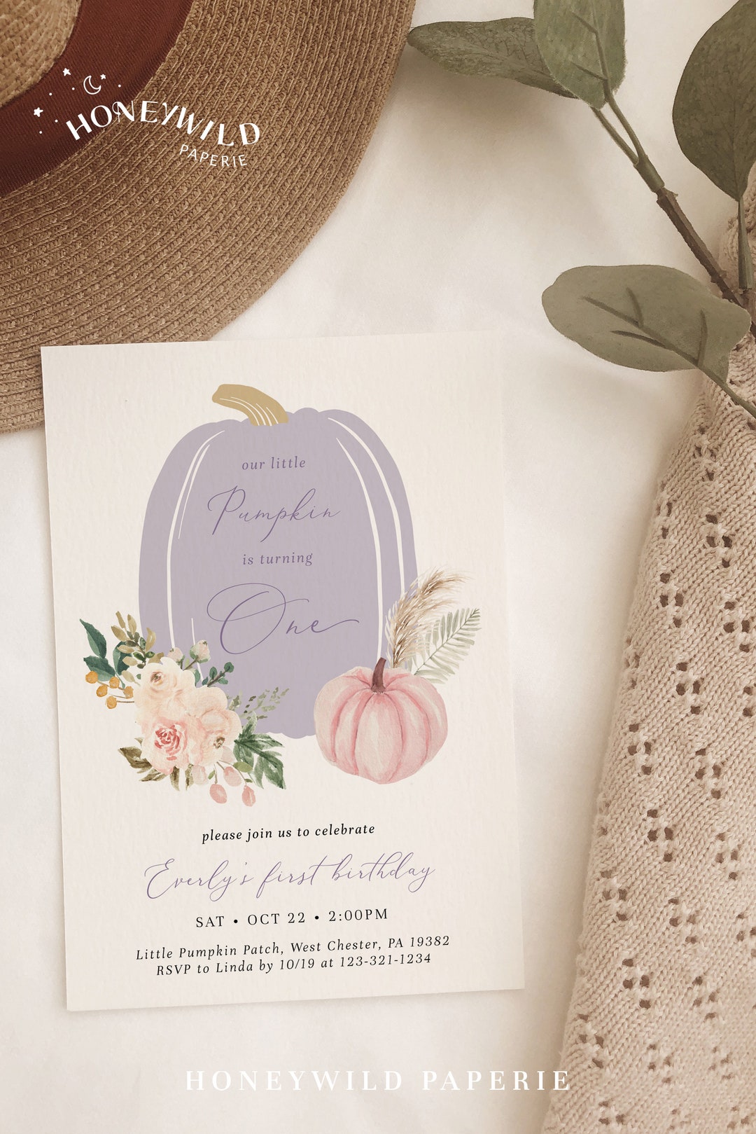 Our Little Pumpkin Girl 1st Birthday Invitation Lavender Purple Pumpkin ...