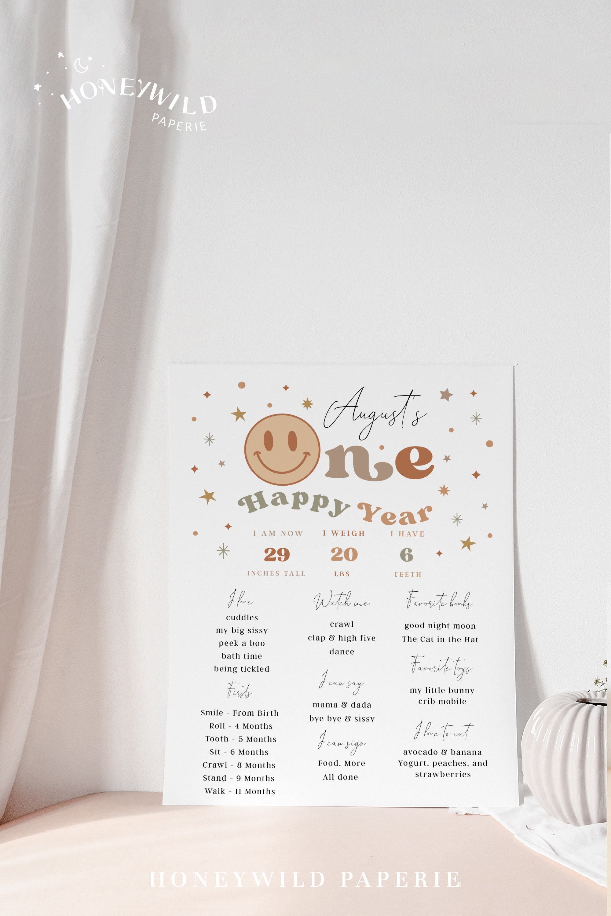 Boho Modern Smiley Face 1st Birthday Milestone Board, One Happy Year ...