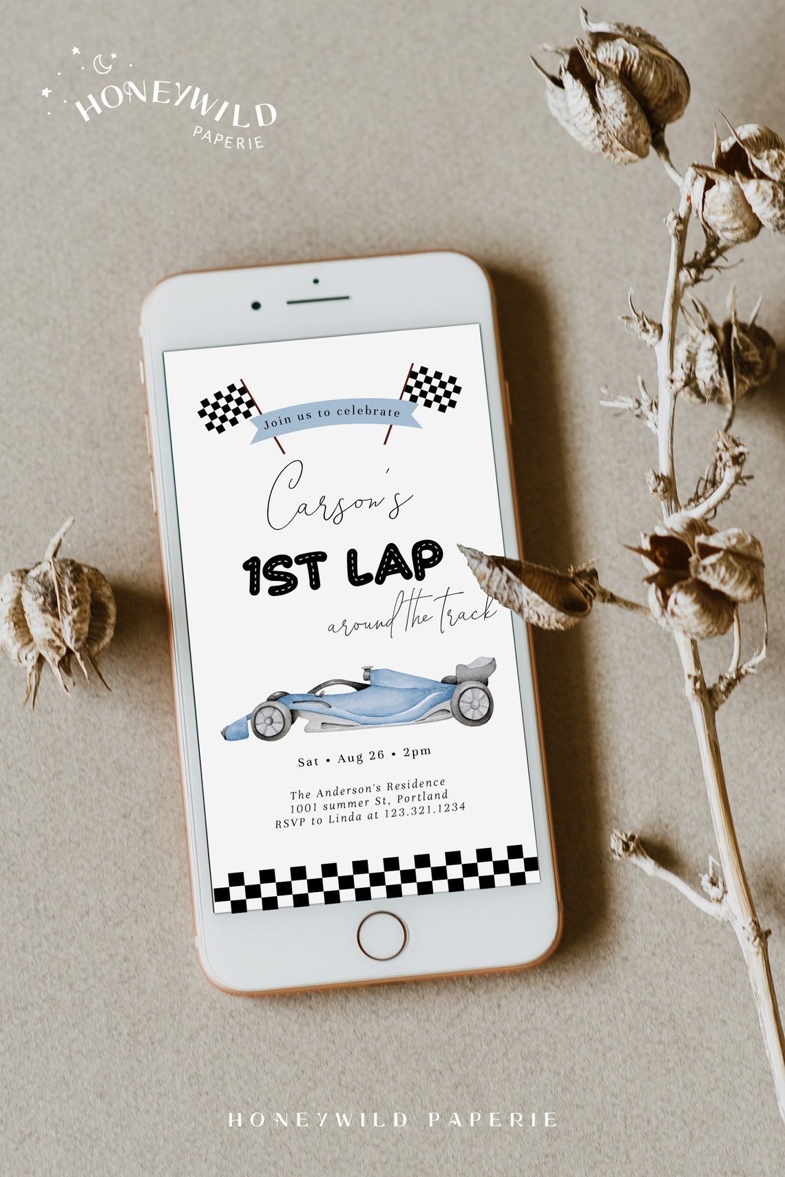 First Lap Birthday Text Invitation | Editable Blue Race Car 1st ...