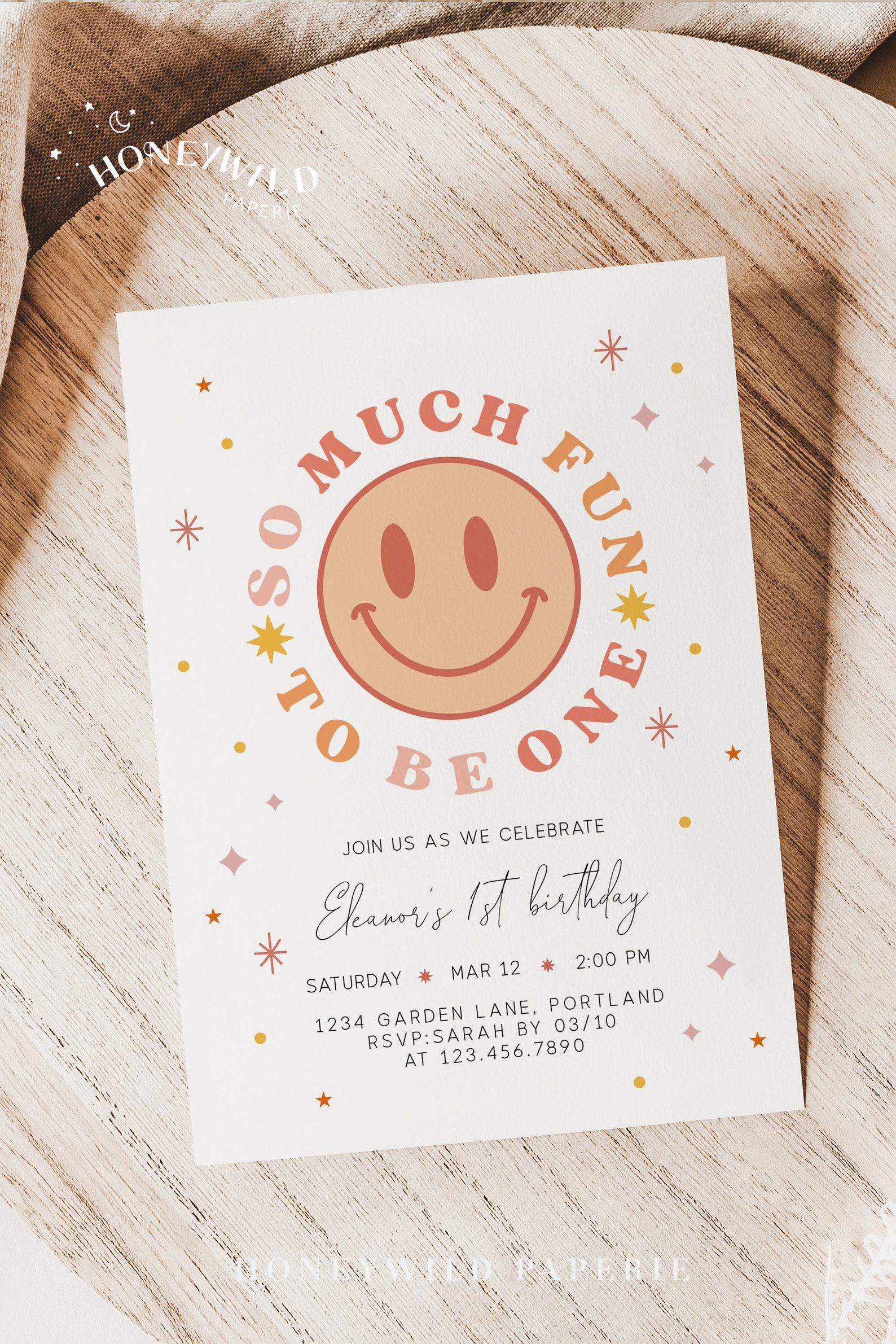 So Much Fun to Be One, Modern Smiley Face 1st Birthday Invitation, Girl ...