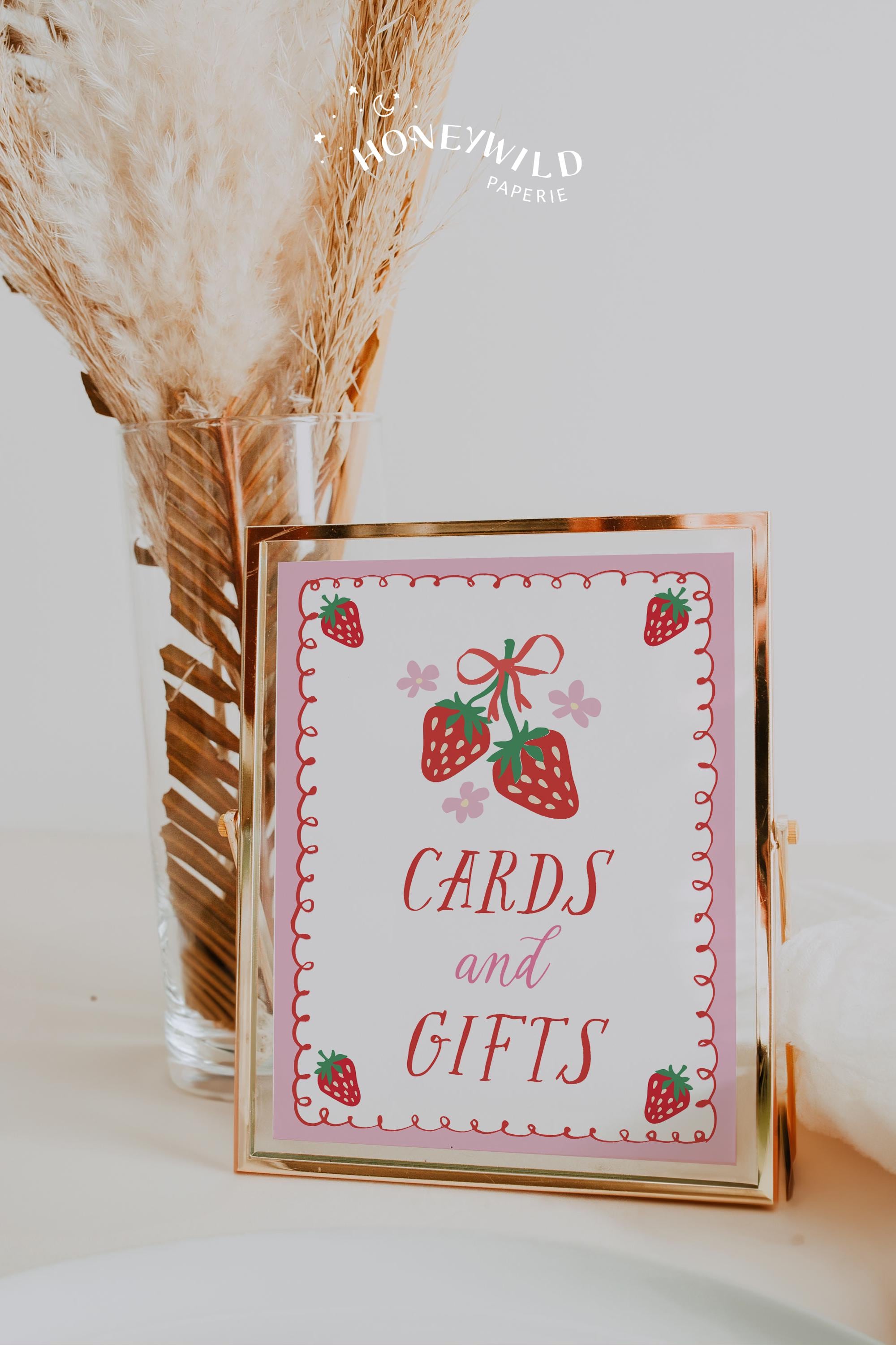 Strawberry Party Table Signs - Hand Drawn Ribbon Bow Strawberries ...