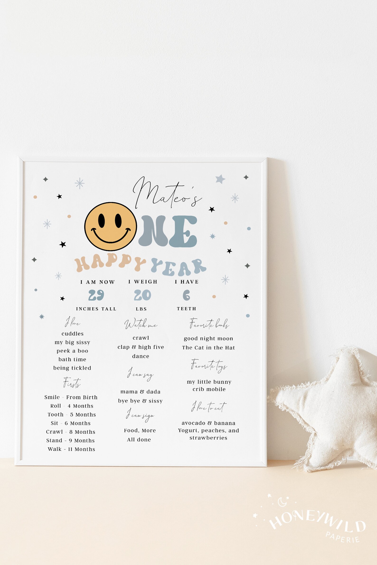 Modern Smiley Face 1st Birthday Milestone Board, One Year of Smiles ...