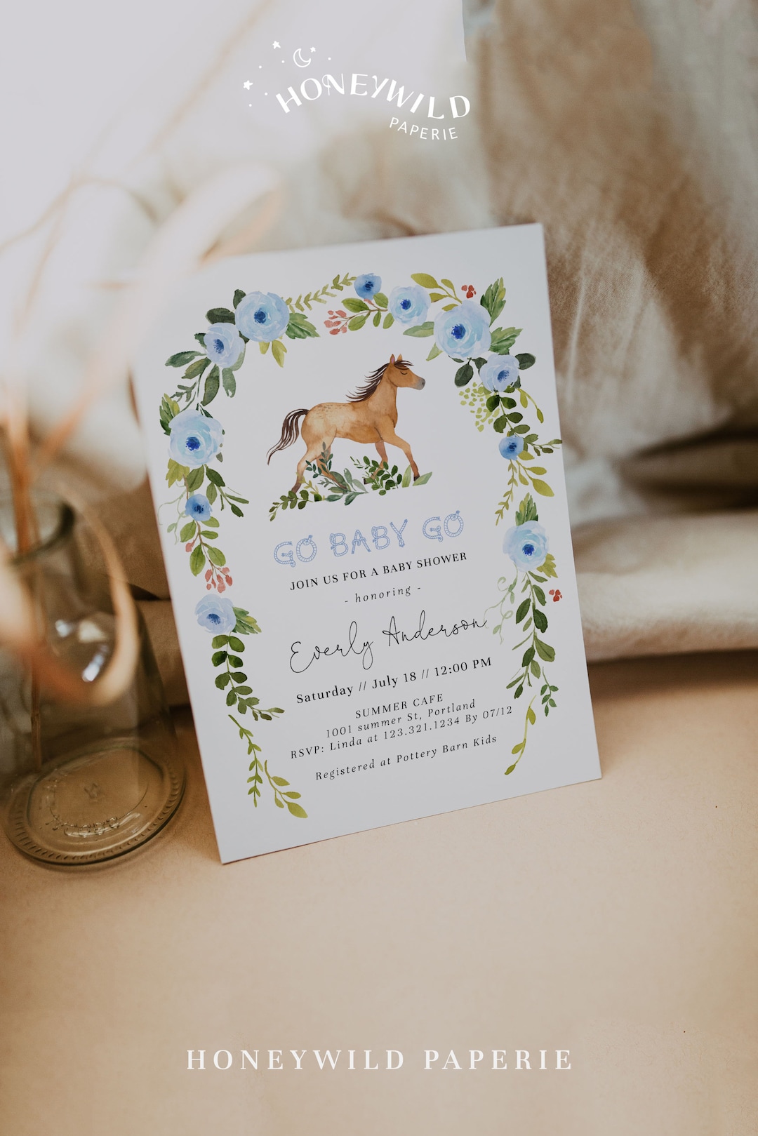 Boy Horse Baby Shower Invitation - Horse With Blue Flowers & Greenery ...