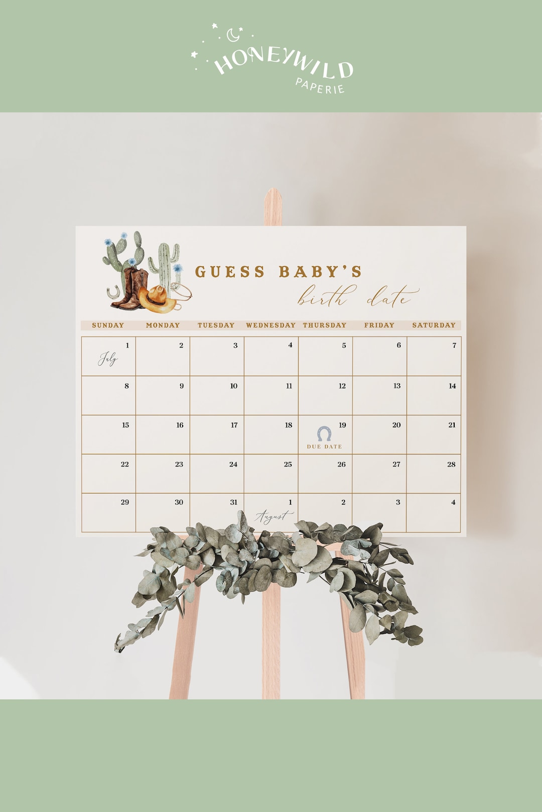 Editable Cowboy Baby Shower Game – Guess the Due Date Calendar – Rustic ...