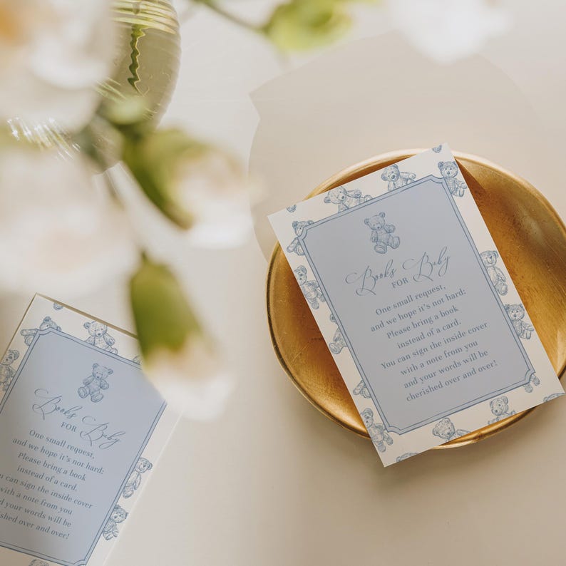 Teddy Bear Baby Shower Invitation Bundle – Hand Drawn Dusty Blue Toile ...