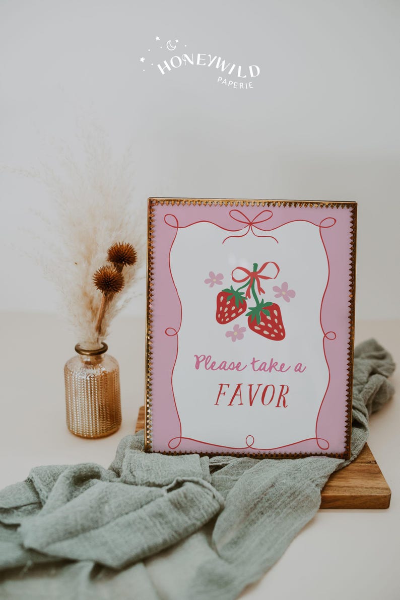 Strawberry Party Table Signs - Hand Drawn Ribbon Bow Strawberries ...