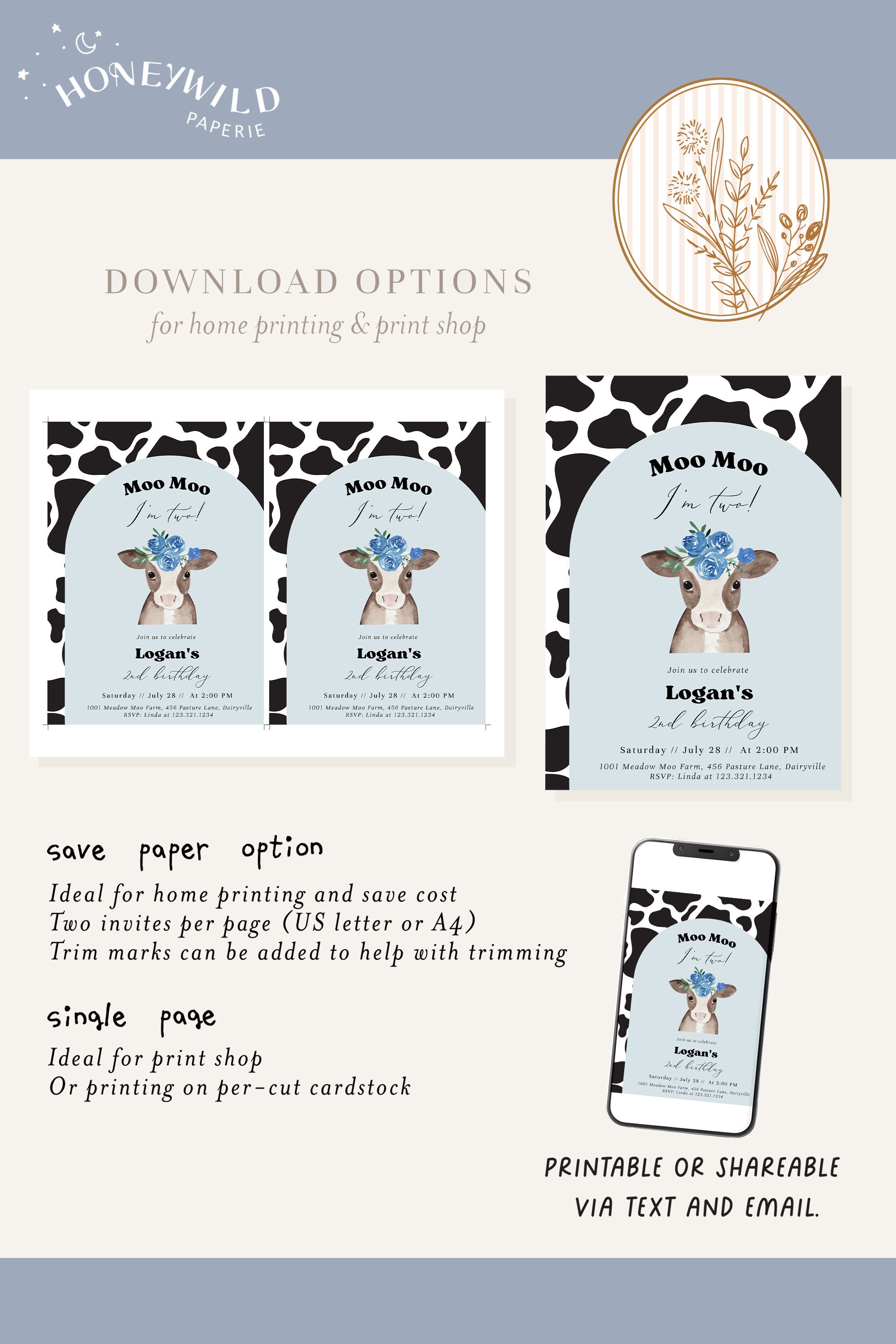Moo Moo I'm Two Birthday Invitation Template | Editable Farm Boy 2nd ...