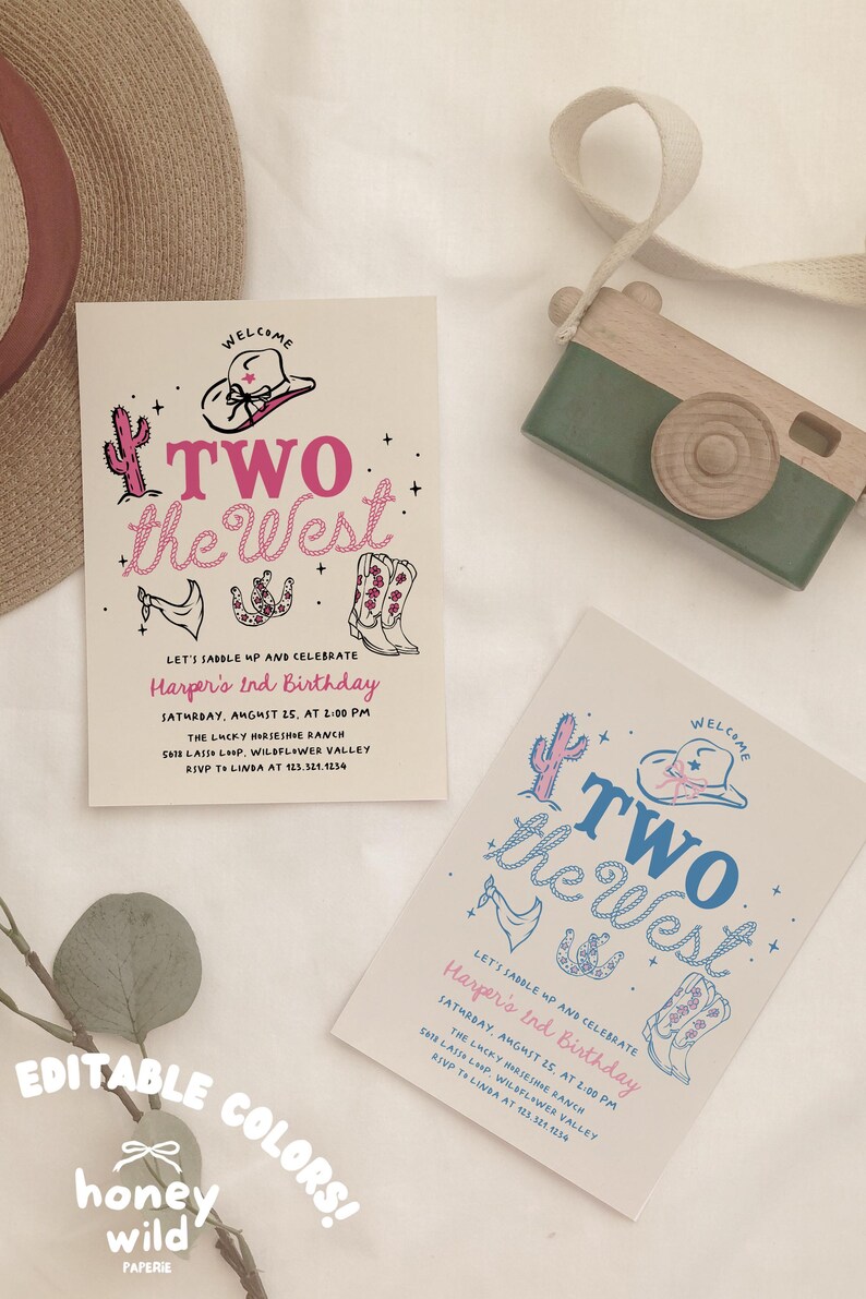 Welcome Two the West Cowgirl 2nd Birthday Invitation - Hand Drawn Hot ...