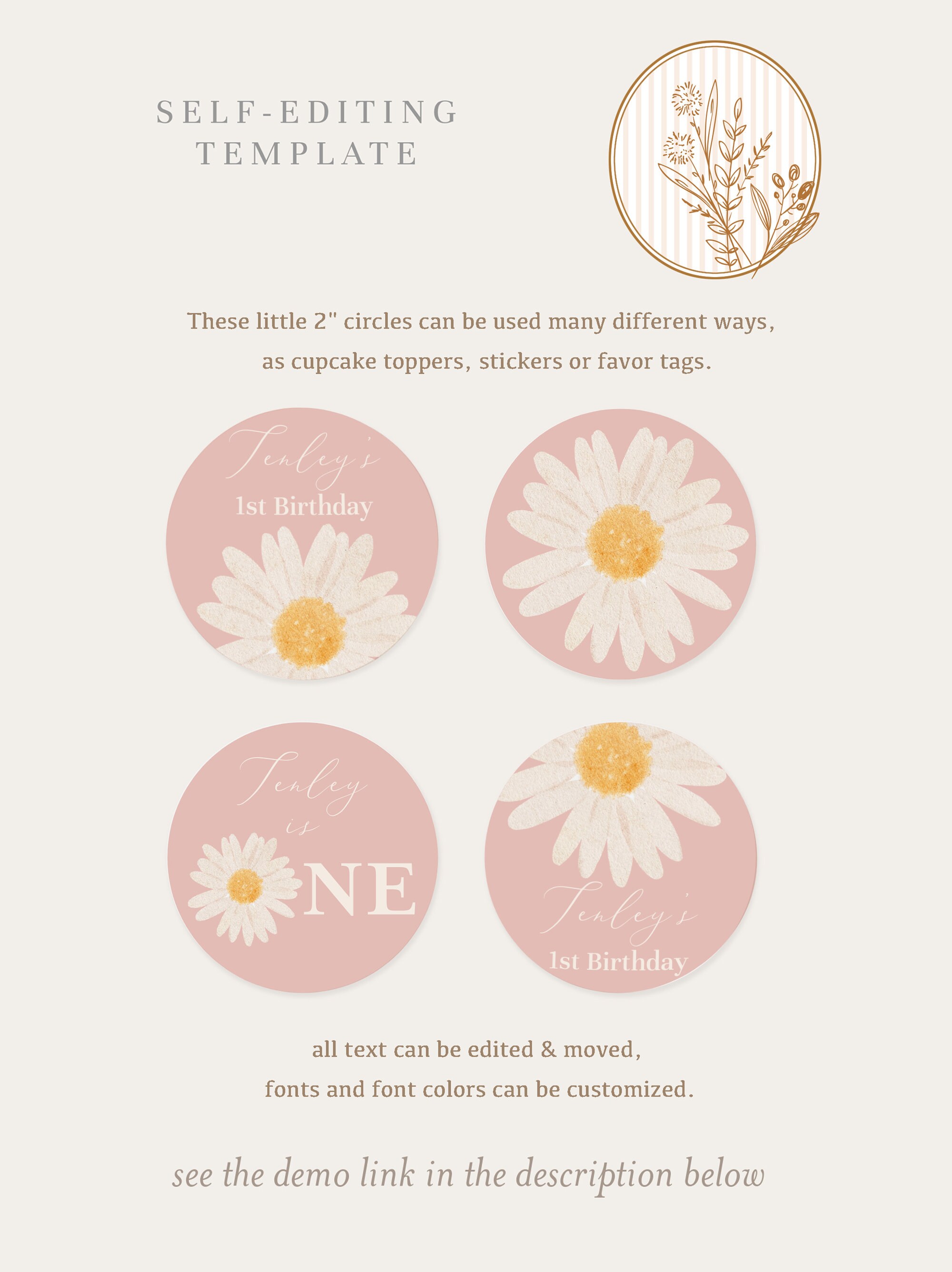 Editable Pink Daisy Birthday Cupcake Toppers, Daisy Floral Cake Toppers ...