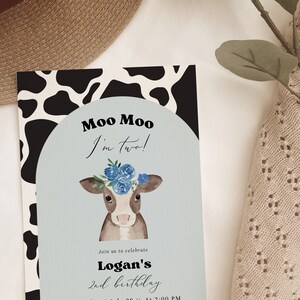Moo Moo I'm Two Birthday Invitation Template | Editable Farm Boy 2nd ...