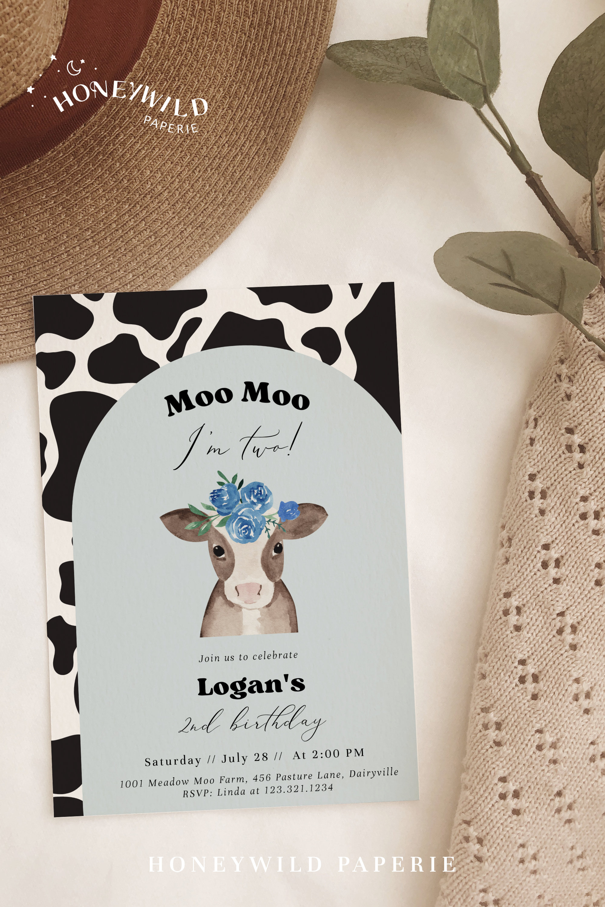 Moo Moo I'm Two Birthday Invitation Template | Editable Farm Boy 2nd ...