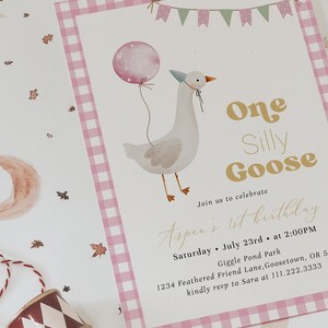 Pink Girl One Silly Goose Birthday Invitation | Editable One Silly ...