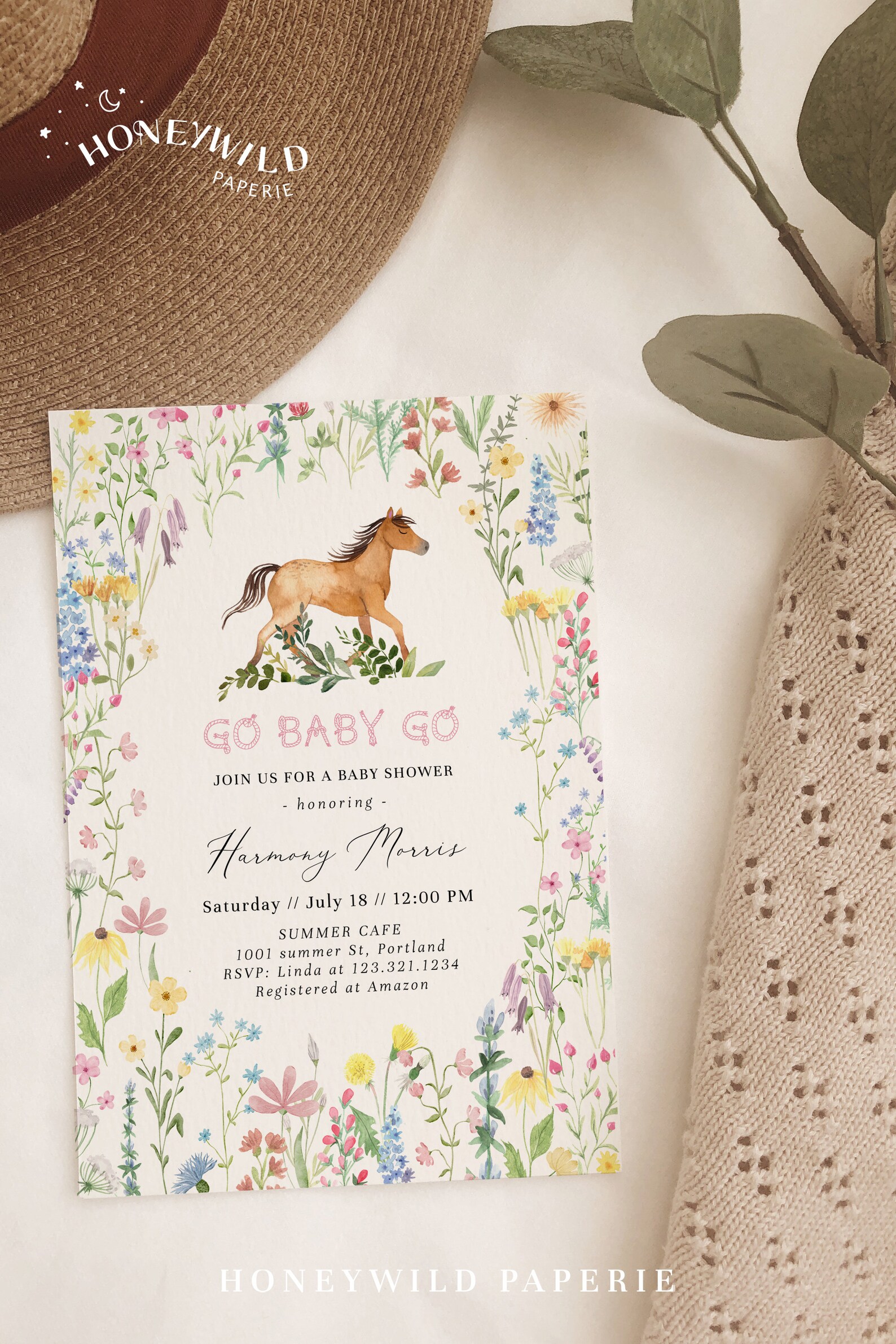 Floral and Horse Baby Shower Invitation Template, Go Baby Go Boy Shower ...