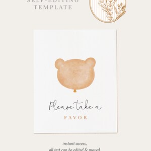 Fully Editable Brown Bear Table Signs, Modern Bear Favors Sign, Add ...