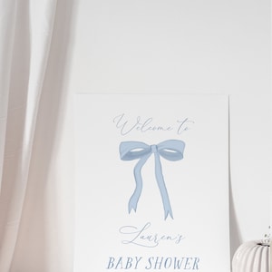 Editable Elegant Blue Bow Welcome Sign Template - Modern Pretty Bows ...
