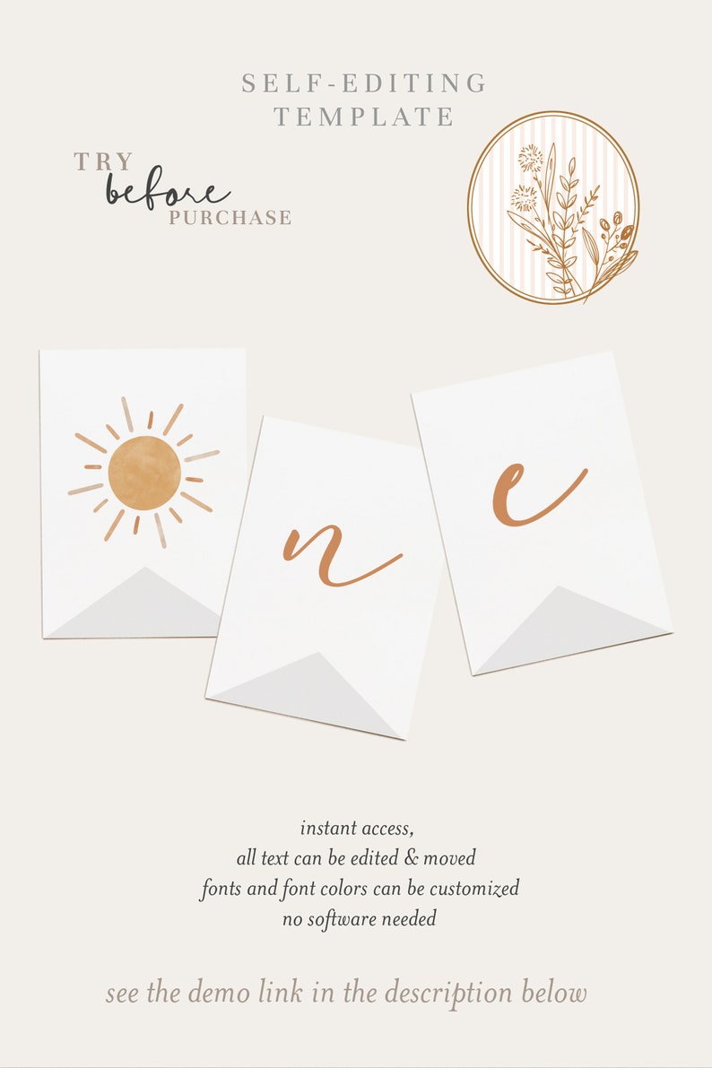 Neutral Boho Sun Birthday Banner Template First Trip Around | Etsy