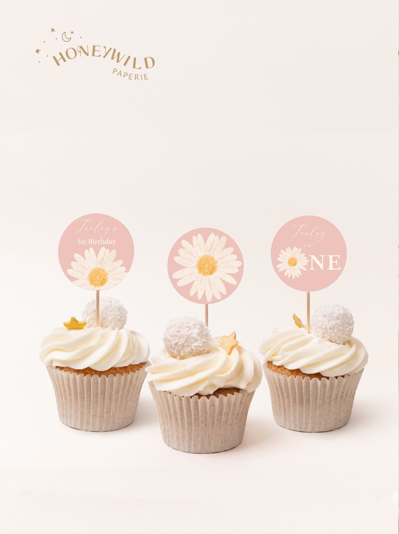 Editable Pink Daisy Birthday Cupcake Toppers, Daisy Floral Cake Toppers ...