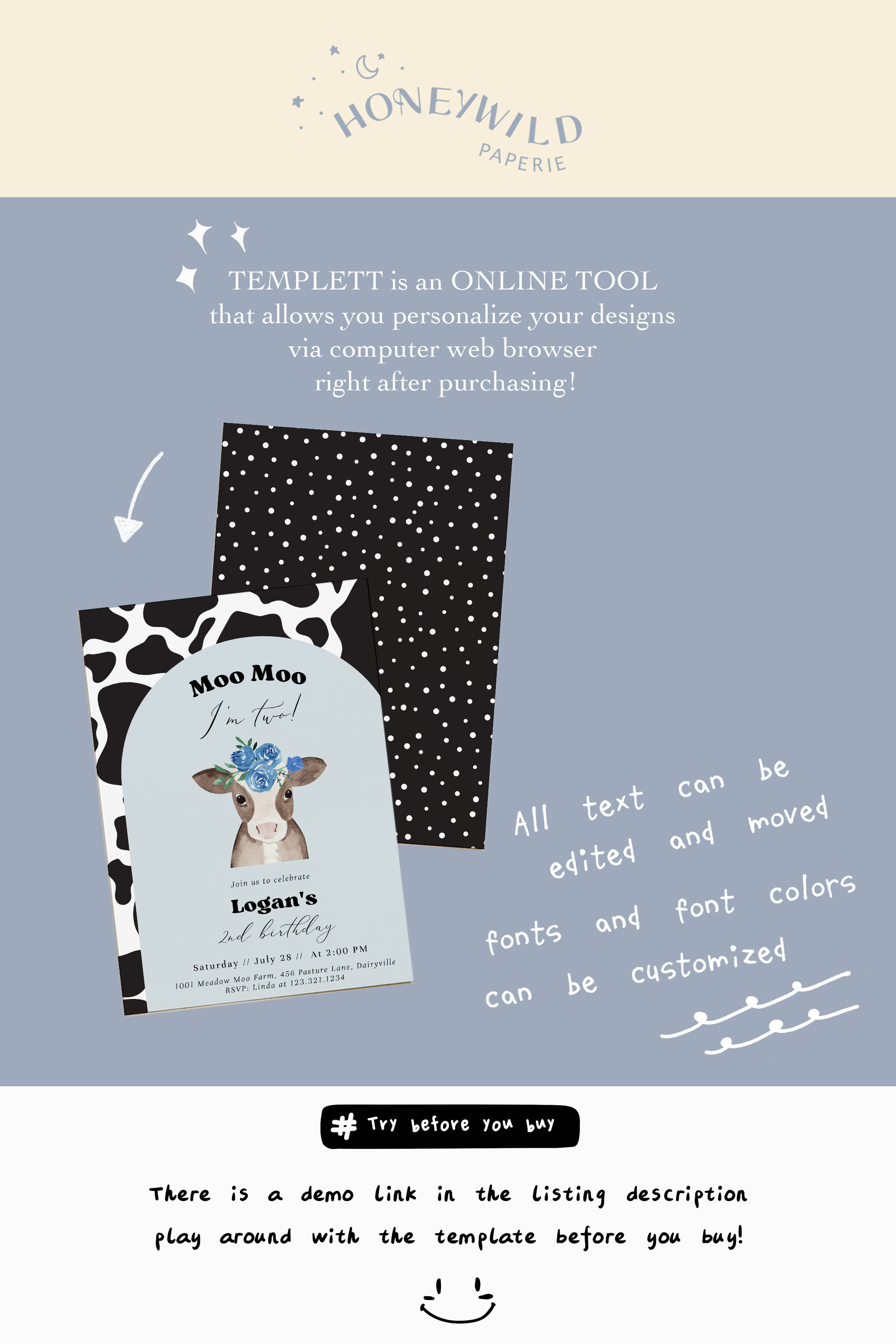Moo Moo I'm Two Birthday Invitation Template | Editable Farm Boy 2nd ...