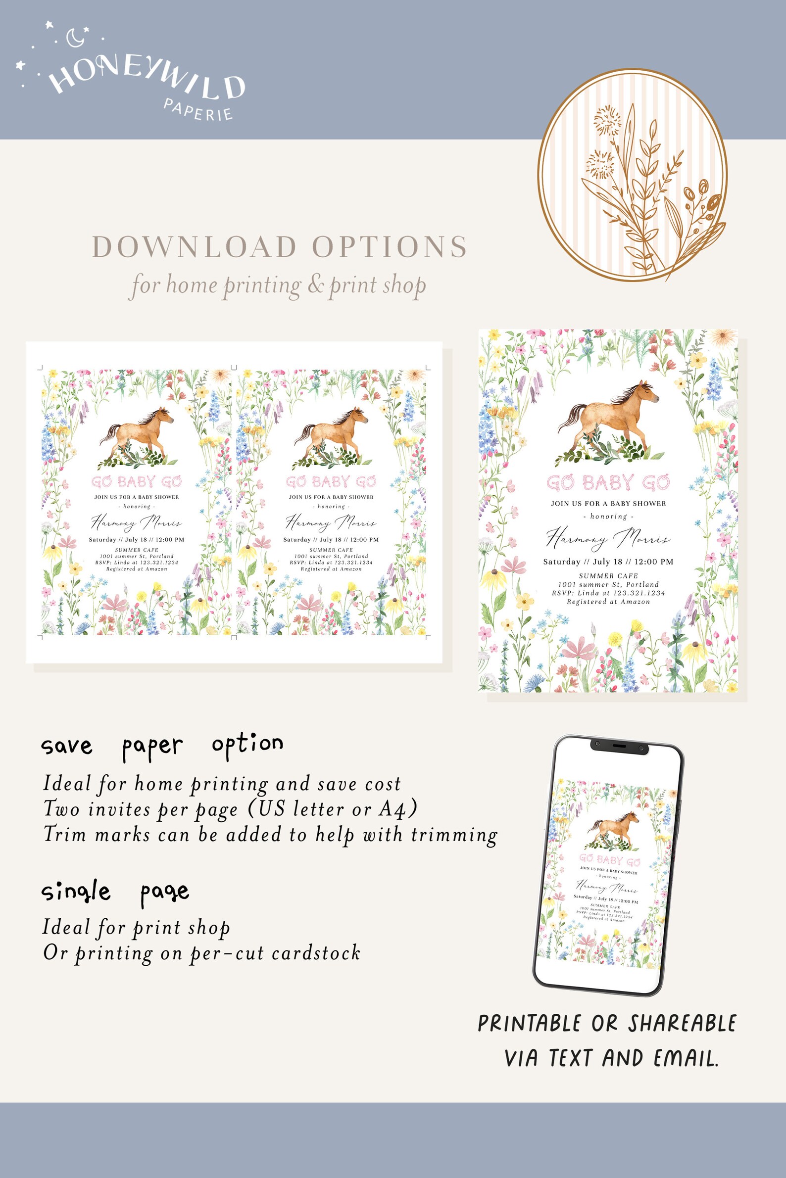 Floral and Horse Baby Shower Invitation Template, Go Baby Go Boy Shower ...