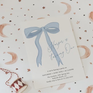 Elegant Blue Bow Birthday Invitation Template, Blue Ribbon Birthday ...
