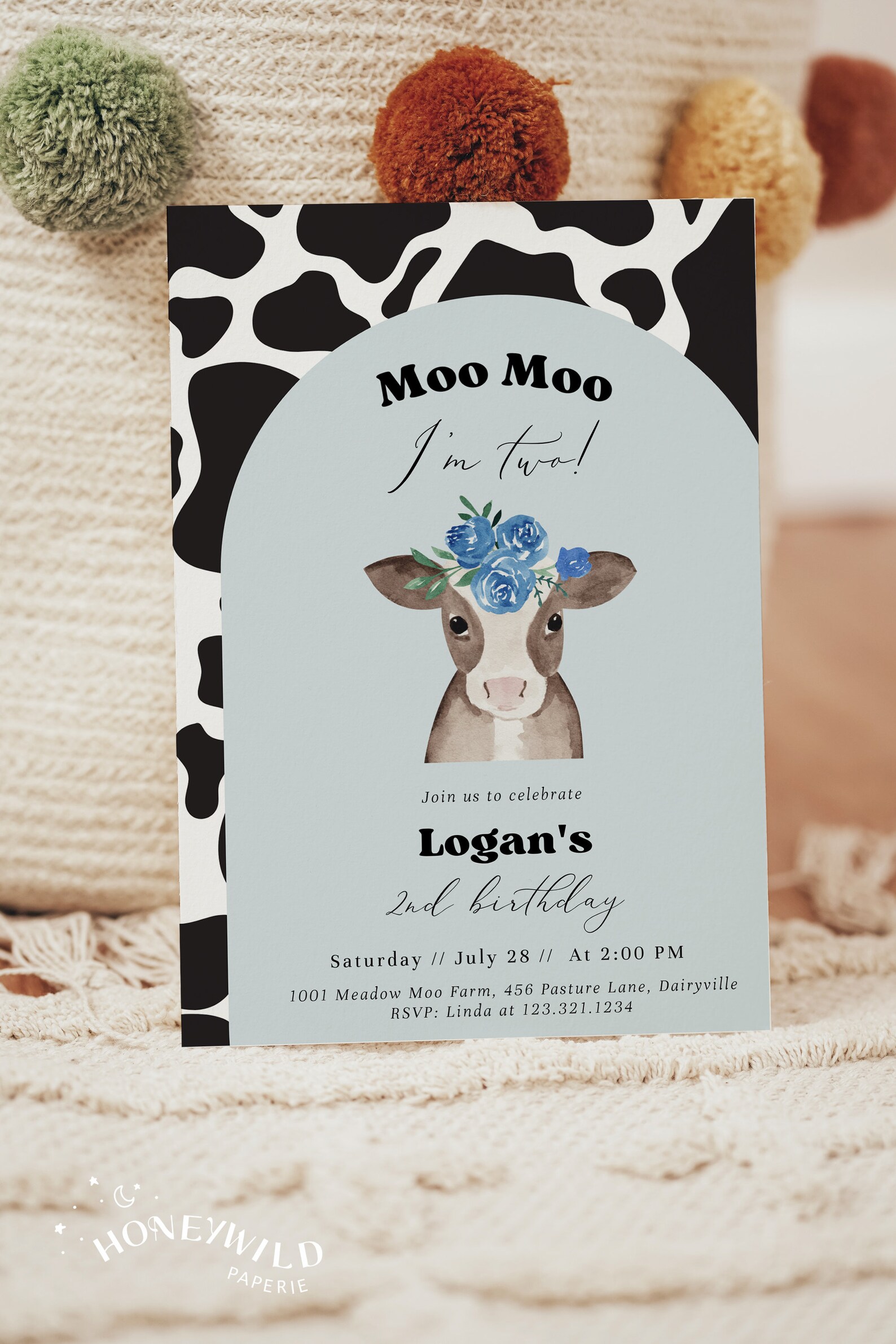 Moo Moo I'm Two Birthday Invitation Template | Editable Farm Boy 2nd ...